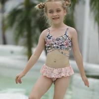 China Split Girls Swimming Suits Pink Printed Children'S Swimsuit Lace Shawl Three Piece Bikini for sale