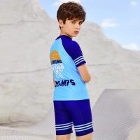 China Split Blue Boy Swimsuit With Swimming Cap Student Conservative Summer Kids Swimsuit for sale