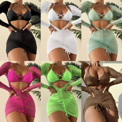 China Openwork Three Piece Swimwear Gauze 3 Piece Swimsuit Set Dress Sexy Bikini for sale