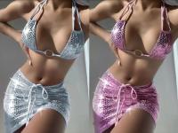 China Special Fabric Three Piece Swimwear Drawstring Backless 3 Piece Bathing Suit for sale