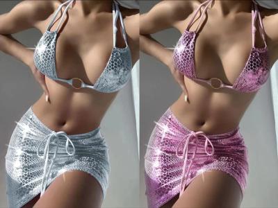 China Special Fabric Three Piece Swimwear Drawstring Backless 3 Piece Bathing Suit for sale