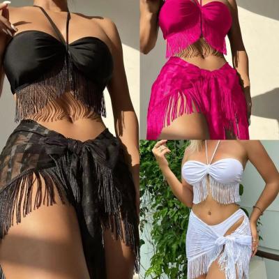 China Fringe Sling 3 Piece Swimwear Set Perspective Mesh Three Piece Swim Set Bikini Ladies Swimsuit for sale
