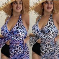 China Blue Leopard Plus Size Bikini Set Neck Split Sexy Bikini Swim Wear For Curvy Women for sale