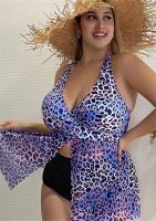 China Blue Leopard Plus Size Bikini Set Neck Split Sexy Bikini Swim Wear For Curvy Women for sale