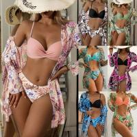 China Tether Three Piece Swimwear Pleated Skirt 3 Piece Swimsuit With Cover Up Chiffon for sale