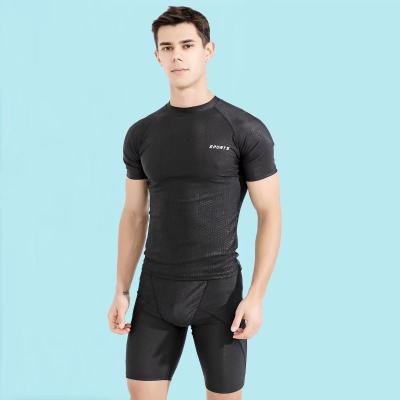 China Sharkskin Males Wearing 2 Piece Swimsuits Boxer Mens Two Piece Swim Sunscreen for sale