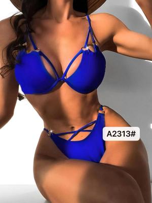 China Swimming Suits Bikini Blue Europe Solid Color Sexy Factory Direct Supply High Waist  Miss Hard Wearing The New Type for sale