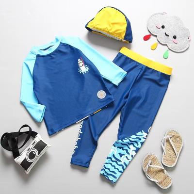 China Three Piece Boys Swimwear Sets Printed Blue Boy Bathing Suit for sale