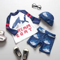 China Split Blue Big Boy Swimwear Sets Shark Conservative Boy 3pcs Swimsuit Carton Print for sale