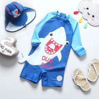 China Split Blue Big Boy Swimwear Sets Shark Conservative Boy 3pcs Swimsuit Carton Print for sale
