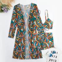 China Ladies Three Piece Swimwear Bikini Solid Color 3 Piece Swimsuit Floral Special Fabric for sale