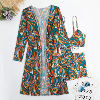 China Ladies Three Piece Swimwear Bikini Solid Color 3 Piece Swimsuit Floral Special Fabric for sale