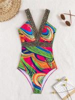China Color Ladies One-Piece Swimsuit Openwork Bikini Sexy Beach Hot Spring lady  Swimsuit purple colur V neck sexy typ for sale