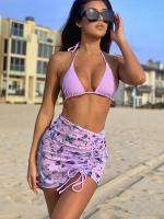 China Women's 3-piece Swimsuit with Striped Printed Pleated Skirt for sale