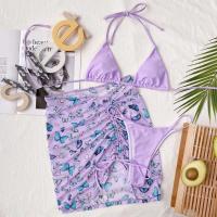 China Women's 3-piece Swimsuit with Striped Printed Pleated Skirt for sale