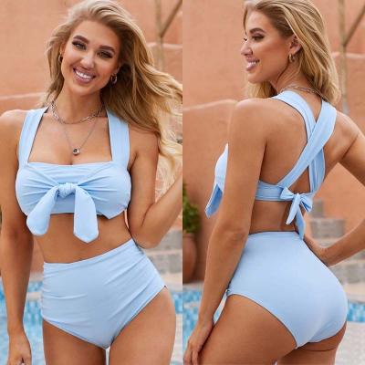 China Light Blue Color Swimming Suits Bikini For Beach Pure Color Nylon Fabric Comfortable In Stock for sale