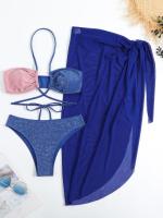 China S-Xl Size Wire Free Bikini Style New Style Three Pieces Swimwear For Swimming Blue Color Comfortable In Stock for sale