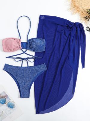 China S-Xl Size Wire Free Bikini Style New Style Three Pieces Swimwear For Swimming Blue Color Comfortable In Stock for sale