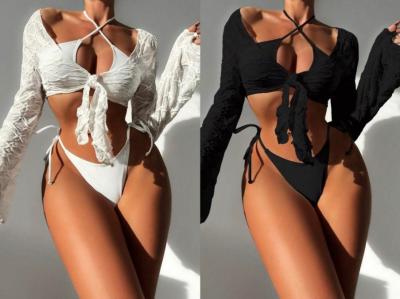 China Sexy Three Pieces Bikini Durable Swimming Pool Swimwear For Women Pure Color Nylon Fabric Comfortable for sale