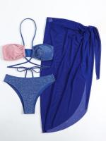 China S-Xl Size Wire Free Bikini Style New Style Three Pieces Swimwear For Swimming Blue Color Comfortable In Stock for sale