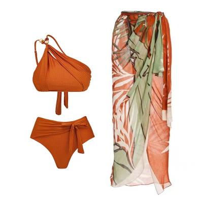 China Summer Three Piece Swimwear with Red Color and Wire Free Support for sale