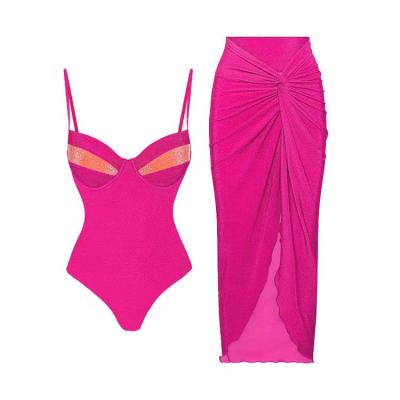 China Summer Beach Bikini Nylon Three Piece Swimwear Red Blue Green Regular High Elasticity for sale