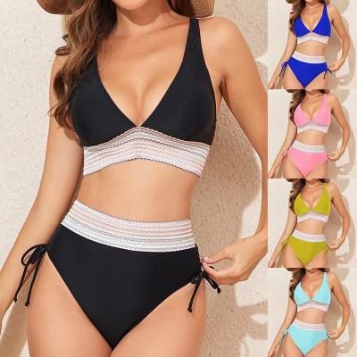 China Floral Striped Bikini Halter Swimwear Set Removable Padding Ruched Vacation Beachwear for sale