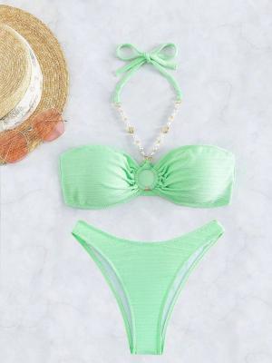 China Modern Halter Bandeau Bikini Sets For Beach Vacation Removable Padding Striped Ruched Swimwear for sale