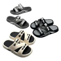 China Factory Direct 100% Virgin EVA Men English Slogan Double Strap Slides, Striped Massage Insole Thick Sole Non-slip Casual Slippers for sale