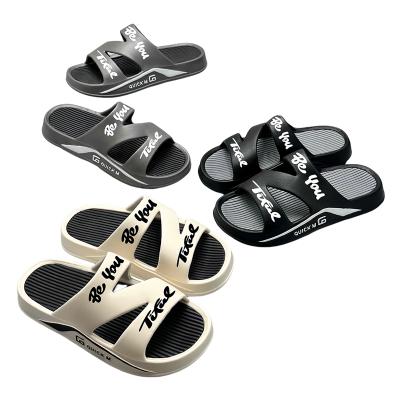 China Factory Direct 100% Virgin EVA Men English Slogan Double Strap Slides, Striped Massage Insole Thick Sole Non-slip Casual Slippers for sale