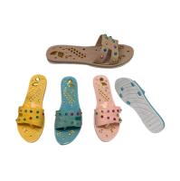 China PVC Women Double Strap Flip Flops with Colorful Rivets and Gold Fish Print for sale