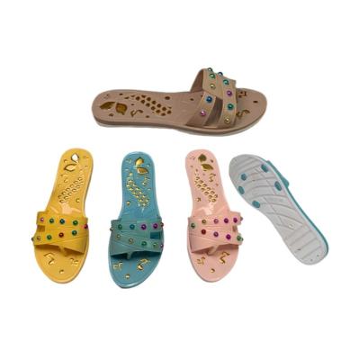 China PVC Women Double Strap Flip Flops with Colorful Rivets and Gold Fish Print for sale