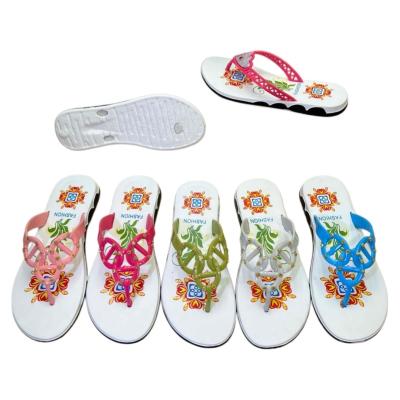 China EVA Women Flip Flops with Hollow Double Ring, Gold Rivets and Ethnic Floral Print for sale
