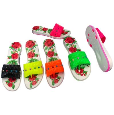 China EVA Women Flip Flops with Pleated Strap, Colorful Rhinestones and Rose Print for sale