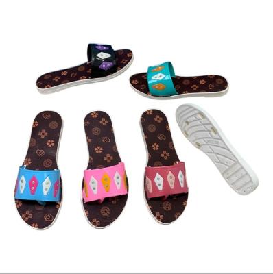 China PVC Women Flip Flops with Rhombus Strap, Water Drill Details and Monogram Print Insole for sale