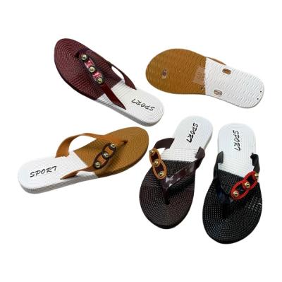 China PVC Women Flip Flops with Rivet-decorated Strap and Two-tone Textured Sole for sale