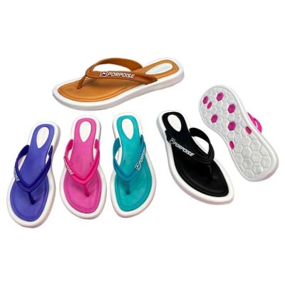 China PVC Women Flip Flops with Letter Print Strap and Thick Two-tone Sole for sale