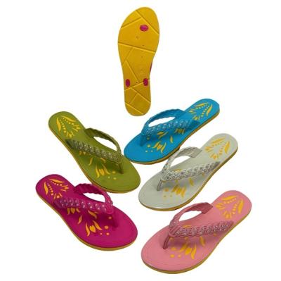 China PVC Women Braided Rhinestone Strap Thongs With Floral Print Sole And Yellow Contrast Edge for sale