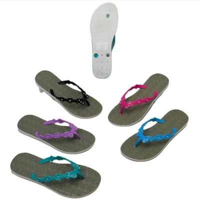 China PVC Women Wood Grain Texture Sole Thongs With Wavy Rhinestone Strap And Ribbed Outsole for sale