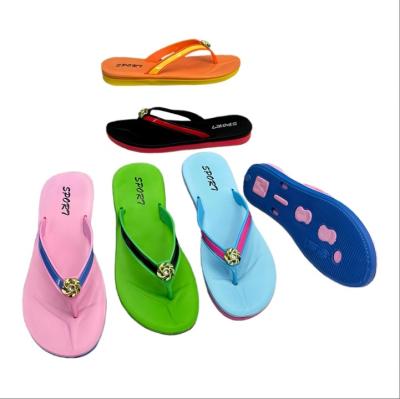 China EVA Women Sport Style Flip Flops With Two-tone Strap And Gold Flower Ornament for sale