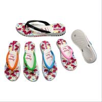 China EVA Women Floral Print Flip Flops With Two-tone Strap And Serrated Edge for sale
