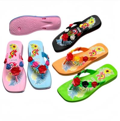 China EVA Women Tropical Flower Decor Palm Tree Flamingo Flip Flops Anti-slip Summer Beach Sandals for sale