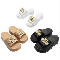 China EVA Women Thick Platform Wedge Gold Bear Iridescent Heart Rhinestone Slide Sandals for sale
