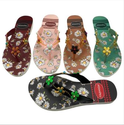 China Women's PVC Flip Flops — Daisy Floral Print Sole, 3D Flower with Bead and Chain Strap Decor, Multi-Color for sale