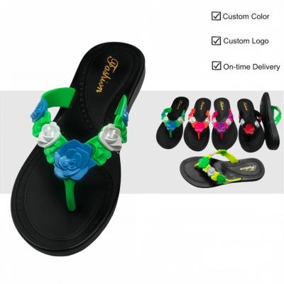 China PVC Flip Flops with 3D Rose and Contrast Strap | Wholesale Factory for sale