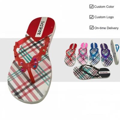 China PVC Flip Flops with Plaid Print and Rhinestone Wave Strap | Wholesale Factory for sale