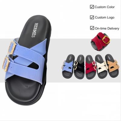 China Flocked Cross-Band Slides with Rhinestone Buckles and PVC Sole | Factory Wholesale for sale