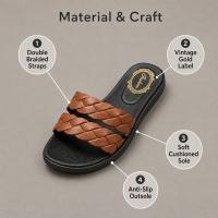 China Woven Double Band Slides with Gold Emblem Footbed | Source Factory Supply for sale