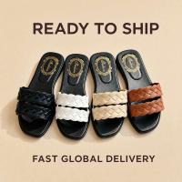 China Woven Double Band Slides with Gold Emblem Footbed | Source Factory Supply for sale