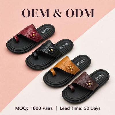 China PVC Women Toe Loop Sandals with Flower Charm - Crocodile Print Casual Slippers for sale